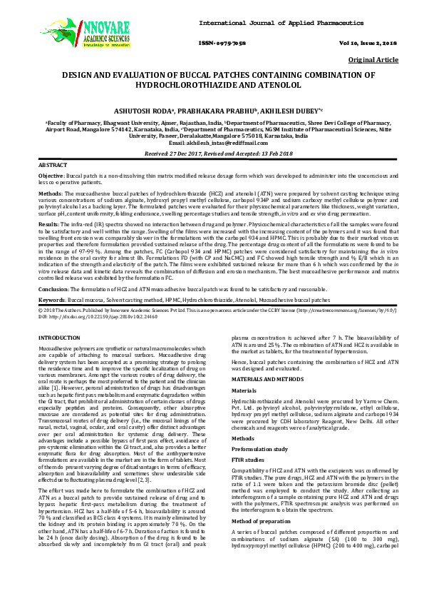 (PDF) DESIGN AND EVALUATION OF BUCCAL PATCHES CONTAINING COMBINATION OF ...