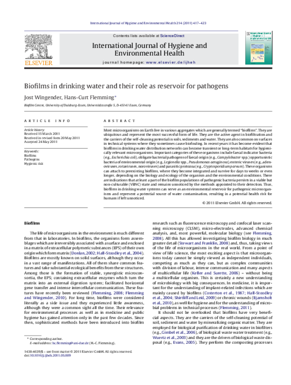 (PDF) Biofilms in drinking water and their role as reservoir for pathogens