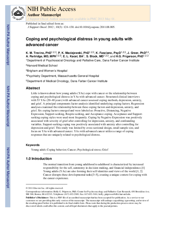 (PDF) Coping and Psychological Distress in Young Adults With Advanced ...