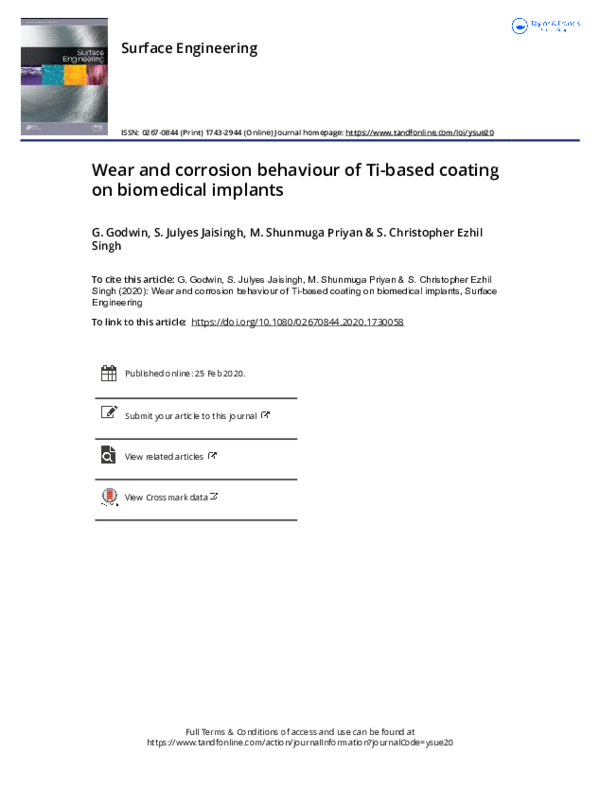 Pdf Wear And Corrosion Behaviour Of Ti Based Coating On Biomedical Implants
