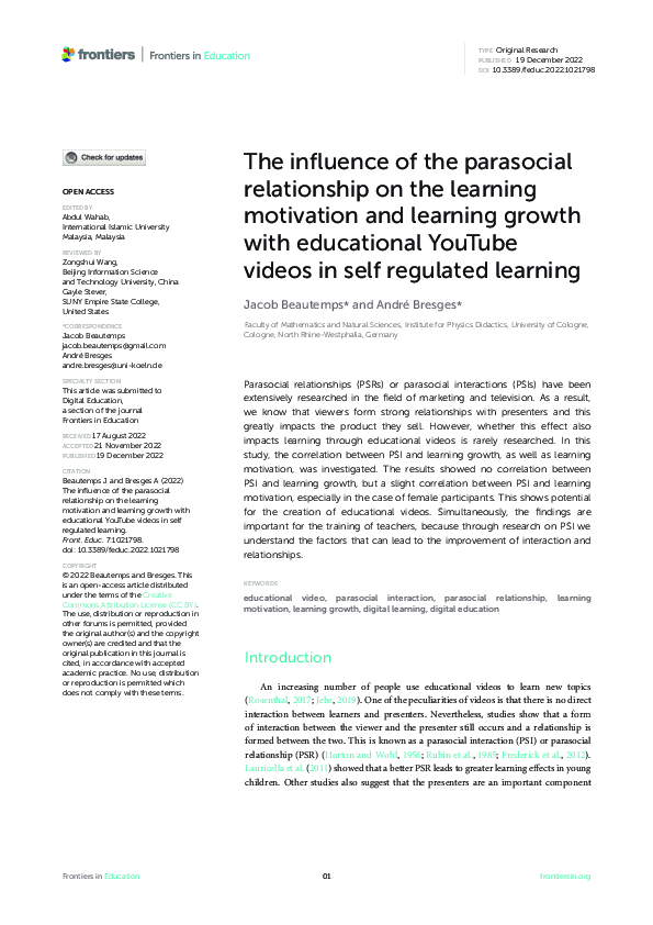 (PDF) The influence of the parasocial relationship on the learning ...
