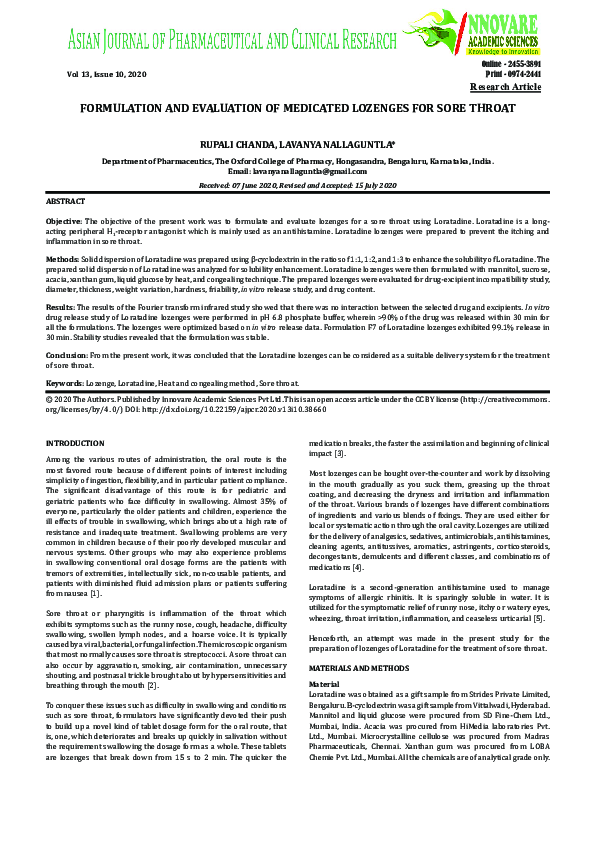 (PDF) FORMULATION AND EVALUATION OF MEDICATED LOZENGES FOR SORE THROAT ...