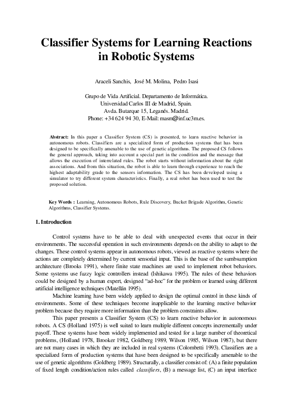 (PDF) Classifier systems for learning reactions in robotic systems