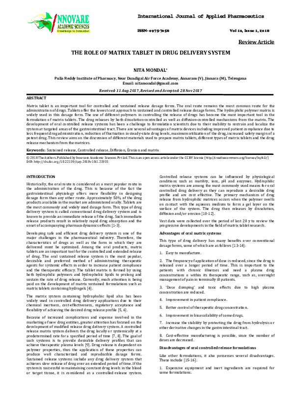 (PDF) THE ROLE OF MATRIX TABLET IN DRUG DELIVERY SYSTEM Review Article