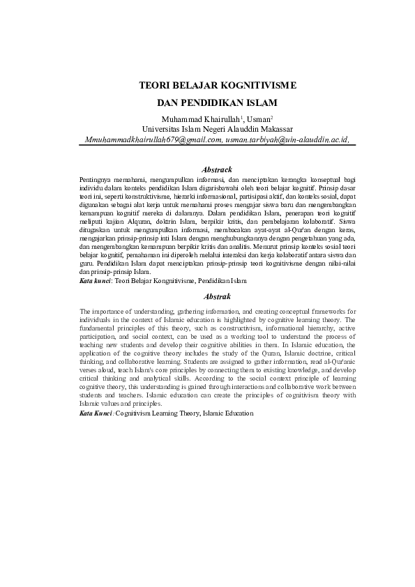 (DOC) TEORI BELAJAR KOGNITIVISME DAN PENDIDIKAN ISLAM (DOC) TEORI BELAJAR KOGNITIVISME DAN PENDIDIKAN ISLAM