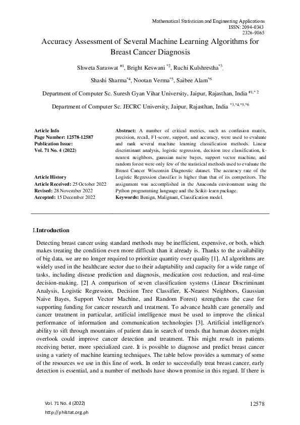 (PDF) Accuracy Assessment of Several Machine Learning Algorithms for ...
