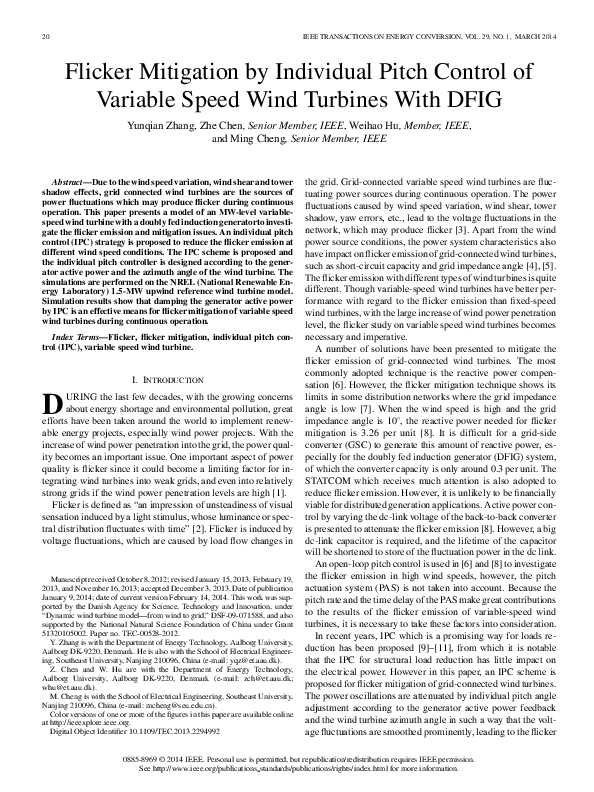 (PDF) Flicker Mitigation by Individual Pitch Control of Variable Speed Wind Turbines With DFIG