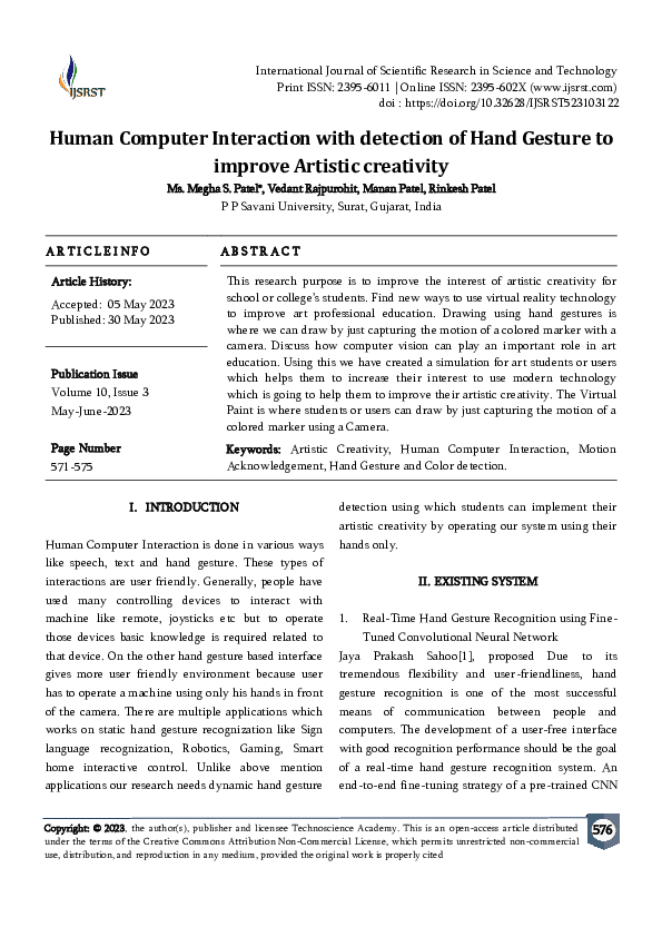 (PDF) Human Computer Interaction with detection of Hand Gesture to improve Artistic creativity