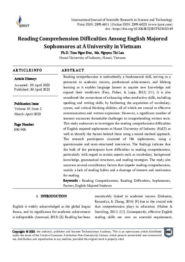 (PDF) Reading Comprehension Difficulties Among English Majored Sophomores at A University in Vietnam