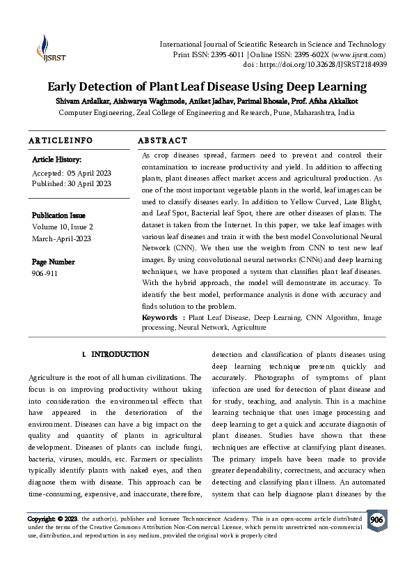 Pdf Early Detection Of Plant Leaf Disease Using Deep Learning