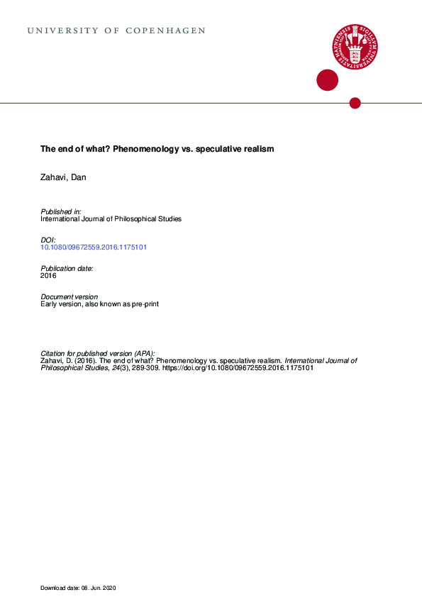 (PDF) The end of what? Phenomenology vs. speculative realism