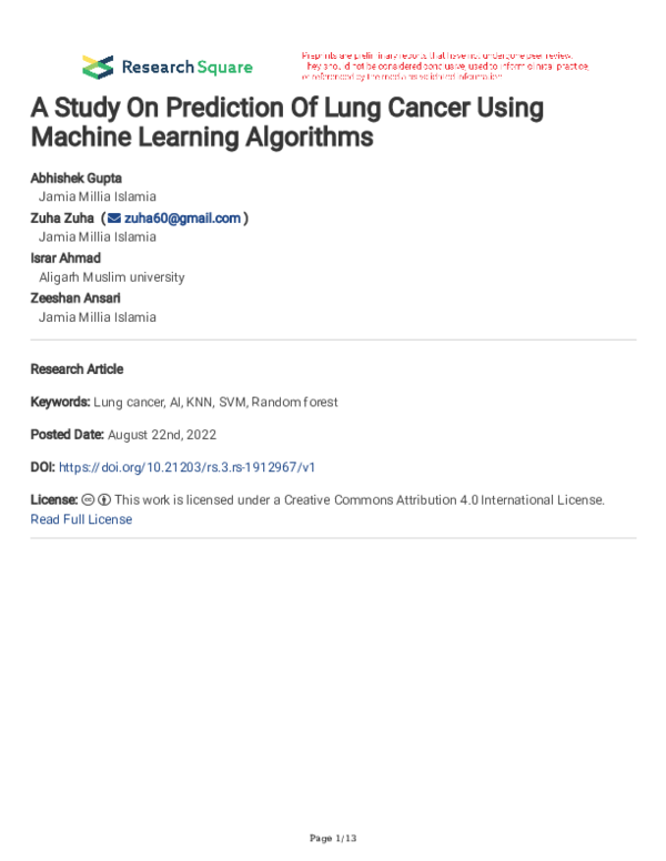 (PDF) A Study On Prediction Of Lung Cancer Using Machine Learning Algorithms