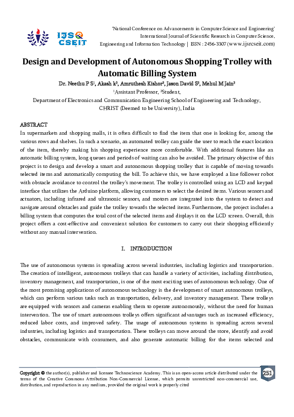 Pdf Design And Development Of Autonomous Shopping Trolley With Automatic Billing System