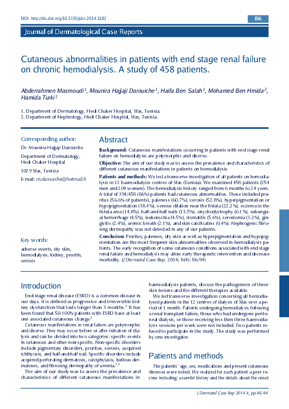 (PDF) Cutaneous abnormalities in patients with end stage renal failure on chronic hemodialysis ...