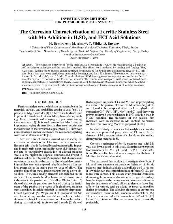 (PDF) The corrosion characterization of a ferritic stainless steel with Mo addition in H2SO4 and ...