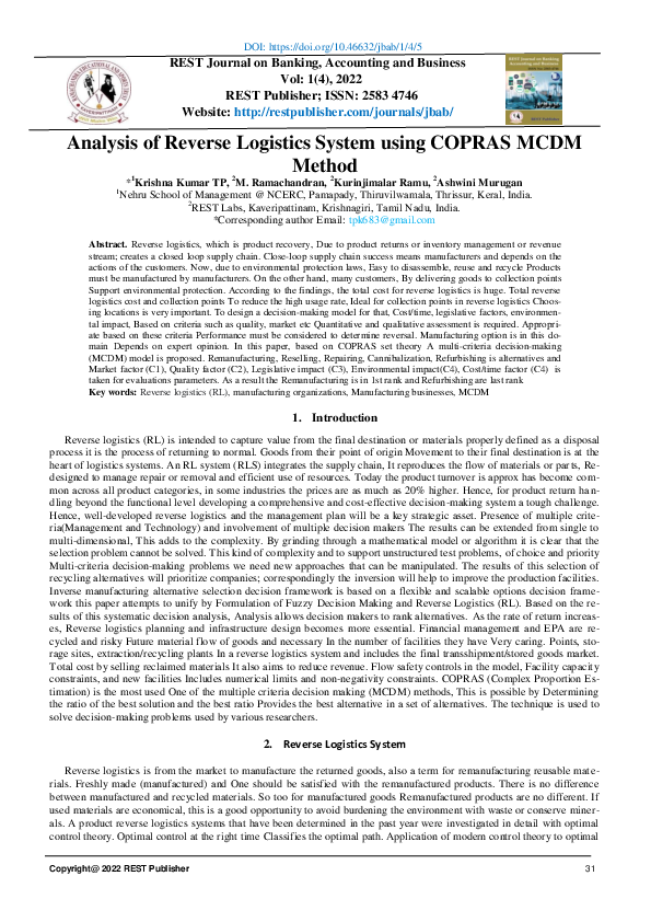 (PDF) Analysis of Reverse Logistics System using COPRAS MCDM Method