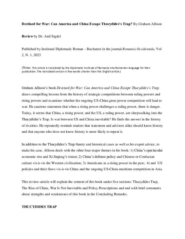 (PDF) Destined for War: Can America and China Escape Thucydides's Trap ...