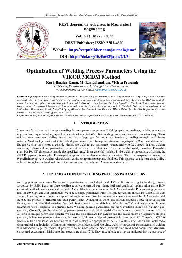 (PDF) Optimization of Welding Process Parameters Using the VIKOR MCDM Method