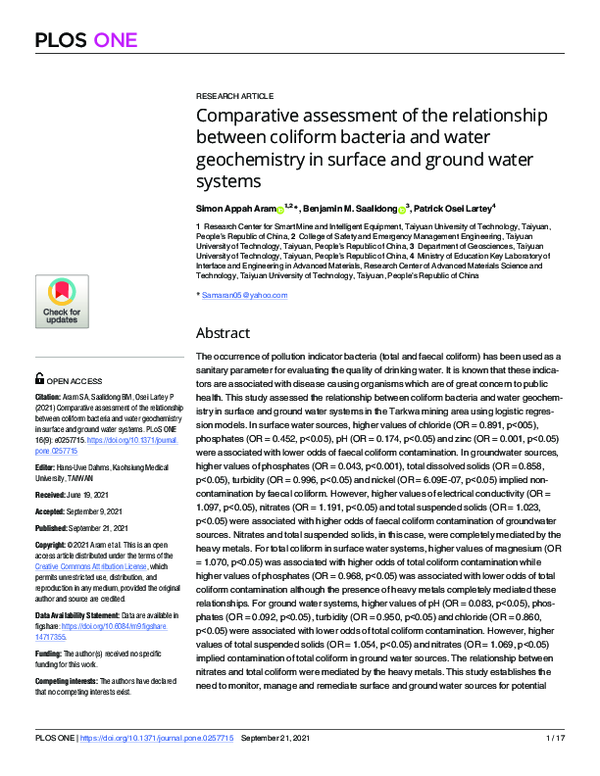 (PDF) Comparative assessment of the relationship between coliform bacteria and water ...