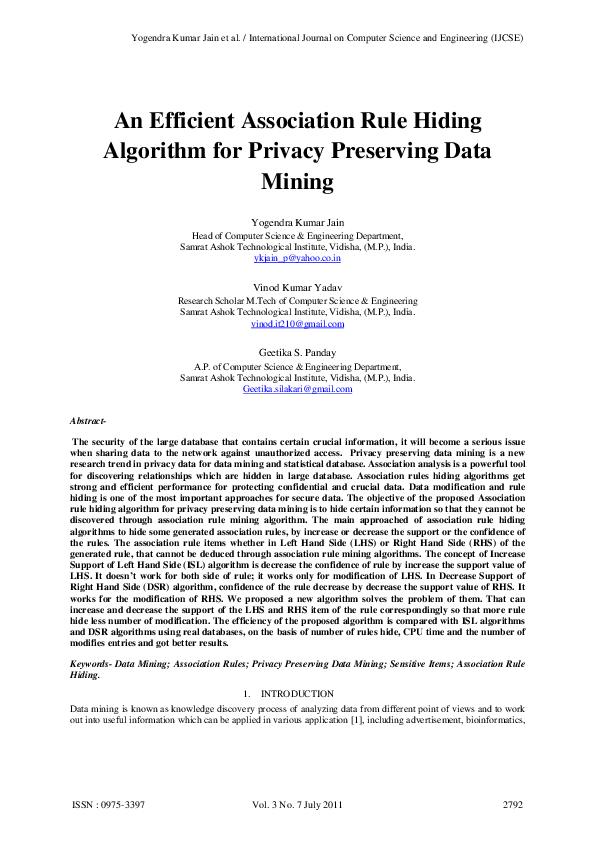 (PDF) An Efficient Association Rule Hiding Algorithm for Privacy Preserving Data Mining