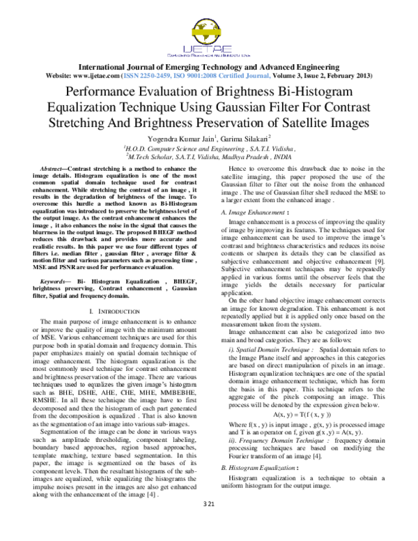 Pdf Performance Evaluation Of Brightness Bi Histogram Equalization Technique Using Gaussian