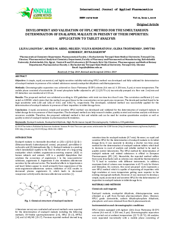 Pdf Development And Validation Of Hplc Method For The Simultaneous Determination Of Enalapril