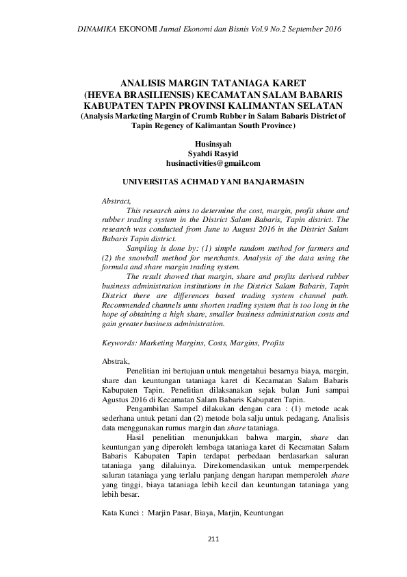 (PDF) ANALISIS MARGIN TATANIAGA KARET (HEVEA BRASILIENSIS) KECAMATAN ...