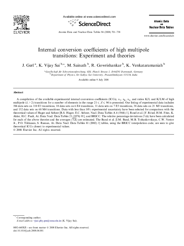 (PDF) Internal conversion coefficients of high multipole transitions ...