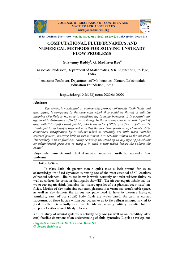 (PDF) Computational Fluid Dynamics and Numerical Methods for Solving Unsteady Flow Problems