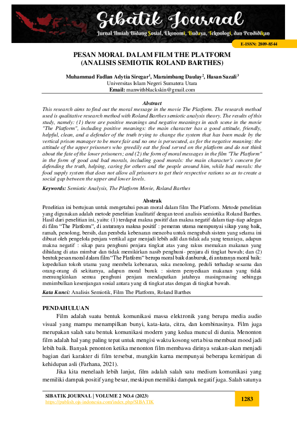 Pdf Pesan Moral Dalam Film The Platform Analisis Semiotik Roland Barthes