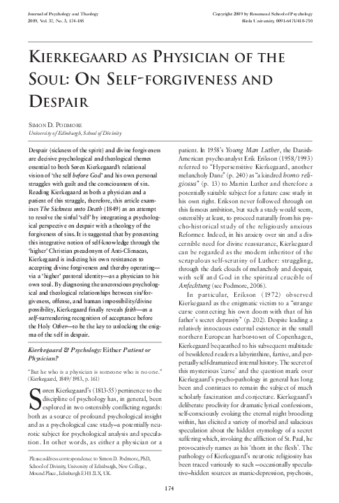 (PDF) Kierkegaard as Physician of the Soul: On Self-Forgiveness and Despair