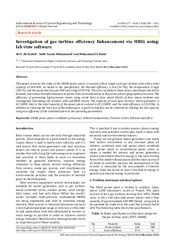 Pdf Investigation Of Gas Turbine Efficiency Enhancement Via Hrsg Using Lab View Software