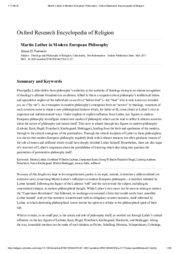 (PDF) Martin Luther in Modern European Philosophy