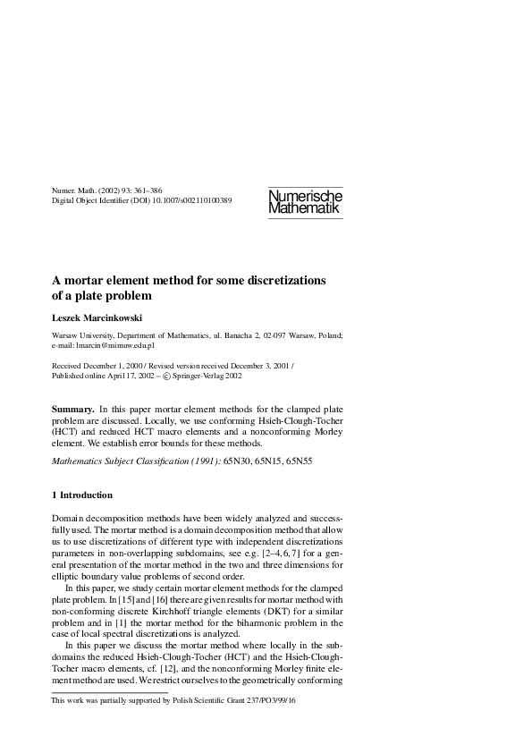 (PDF) A mortar element method for some discretizations of a plate problem