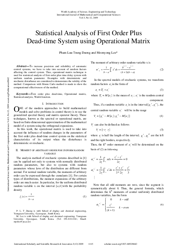 (PDF) Statistical Analysis Of First Order Plus Dead-Time System Using Operational Matrix | Trung ...