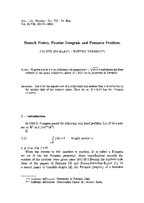 (PDF) Branch points, Fourier integrals and Pompeiu problem | Fausto ...