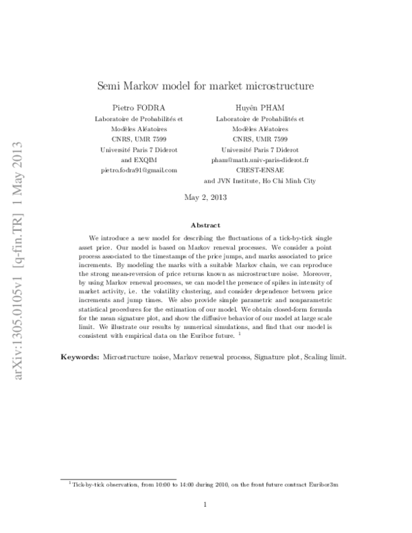 (PDF) Semi Markov Model for Market Microstructure