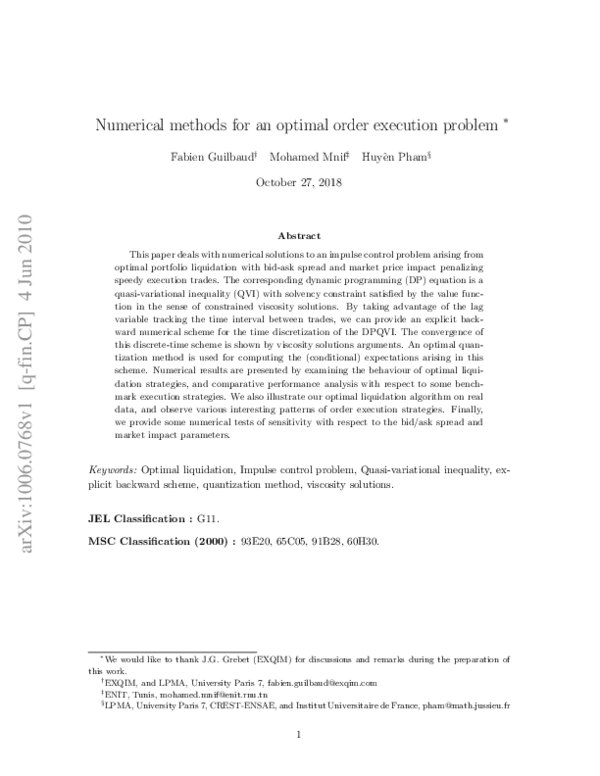 (PDF) Numerical Methods for an Optimal Order Execution Problem | Huyên PHAM - Academia.edu