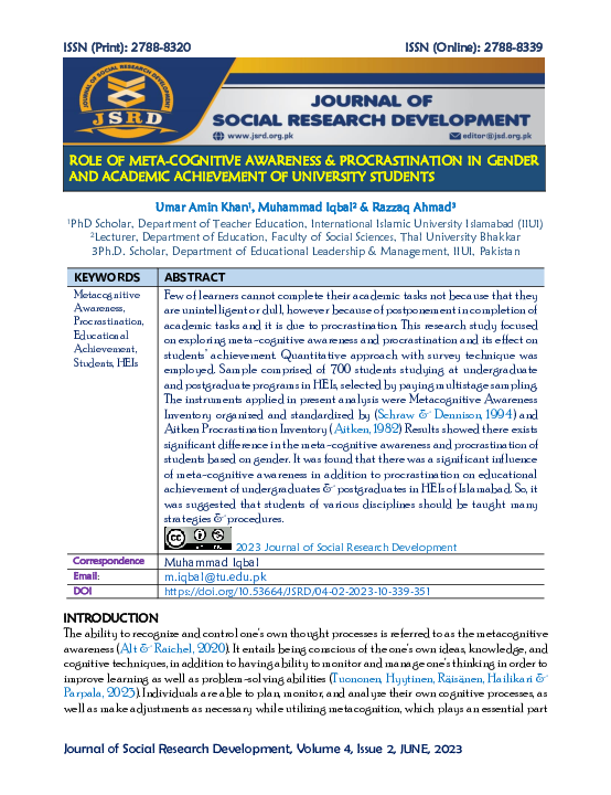 (PDF) ROLE OF META-COGNITIVE AWARENESS & PROCRASTINATION IN GENDER AND ...