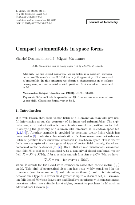 (PDF) Compact submanifolds in space forms