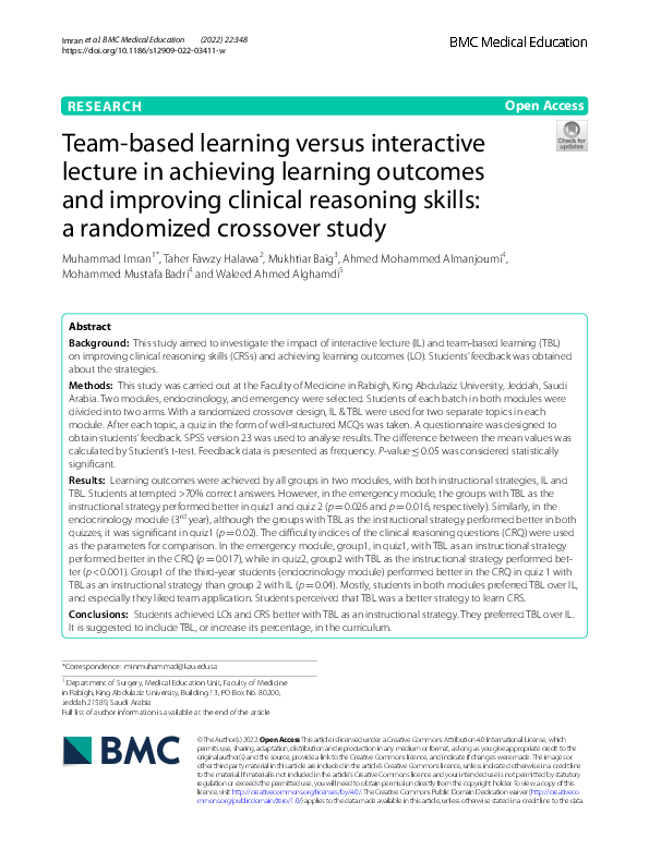 (PDF) Team-based learning versus interactive lecture in achieving learning outcomes and ...