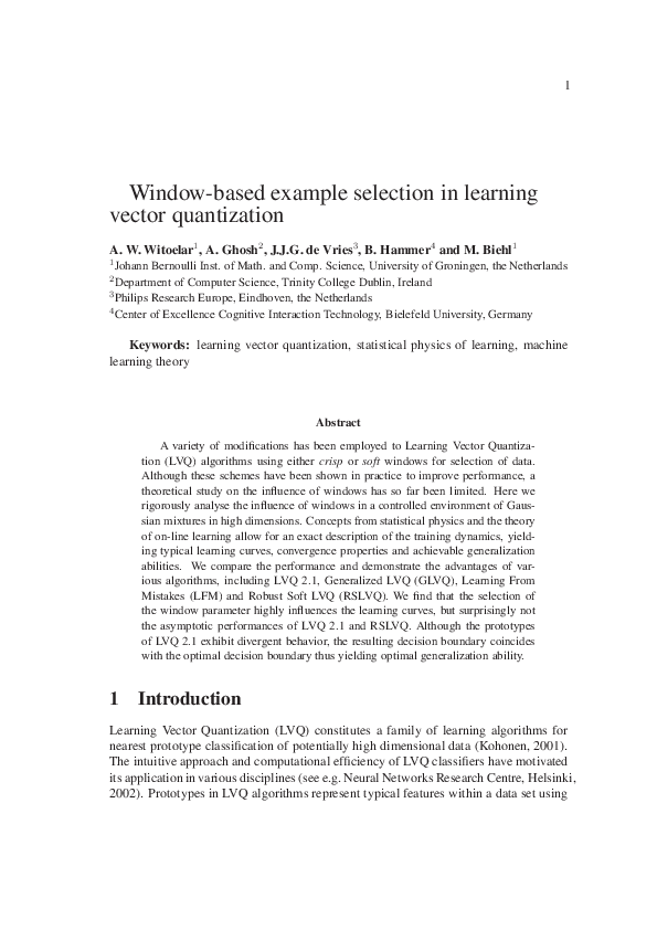 (PDF) Window-Based Example Selection in Learning Vector Quantization