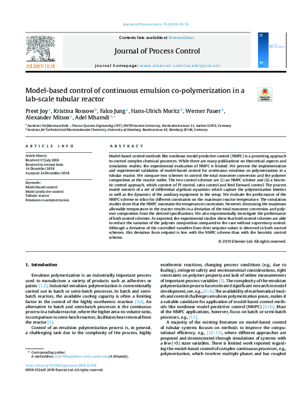 Pdf Control Of Emulsion Co Polymerization Via Nmpc