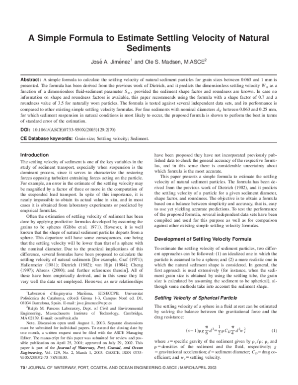 (PDF) A Simple Formula to Estimate Settling Velocity of Natural Sediments