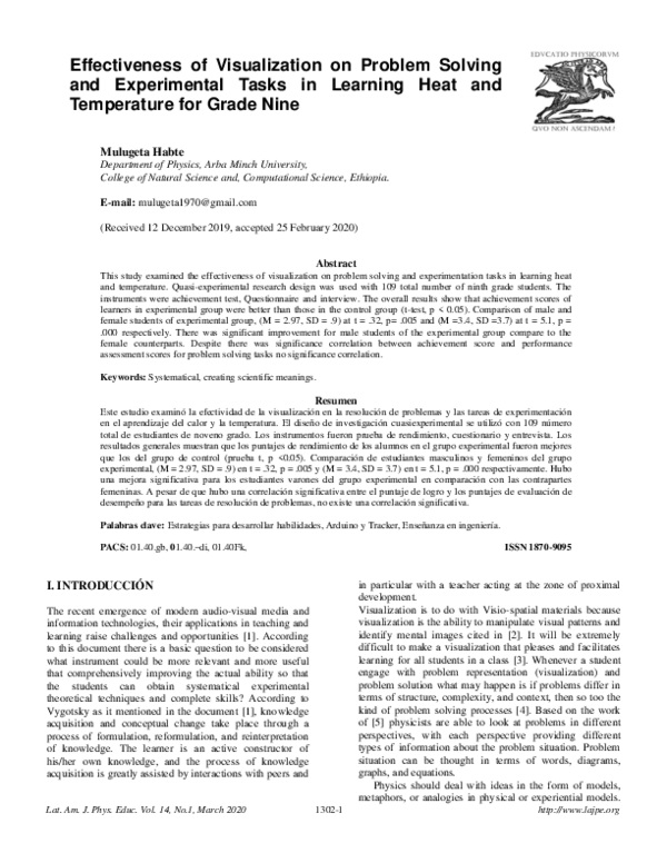 (PDF) Effectiveness of Visualization on Problem Solving and Experimental Tasks in Learning Heat ...