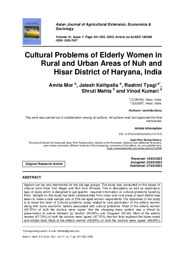 (PDF) Cultural Problems of Elderly Women in Rural and Urban Areas of Nuh and Hisar District of ...