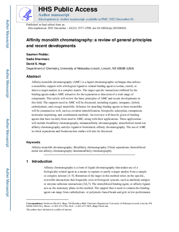 Pdf Affinity Monolith Chromatography A Review Of General Principles And Recent Developments