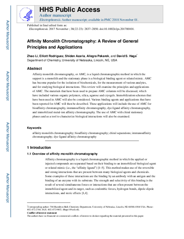 Pdf Affinity Monolith Chromatography A Review Of General Principles And Applications