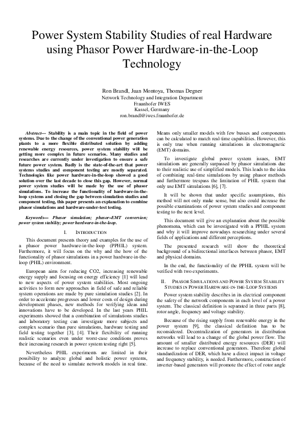 (PDF) Power system stability studies including real hardware using phasor power hardware-in-the ...