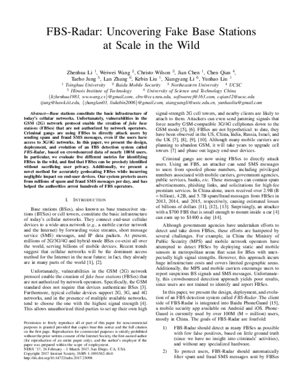 (PDF) FBS-Radar: Uncovering Fake Base Stations at Scale in the Wild